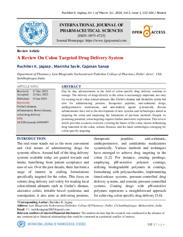 Pdf A Review On Colon Targeted Drug Delivery System
