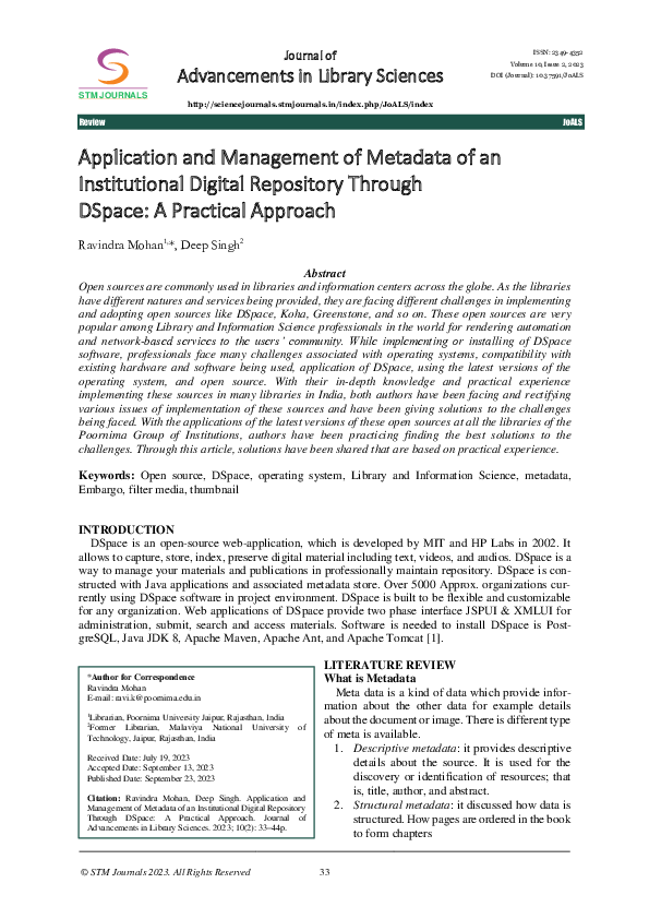 (PDF) Application and Management of Metadata of an Institutional ...