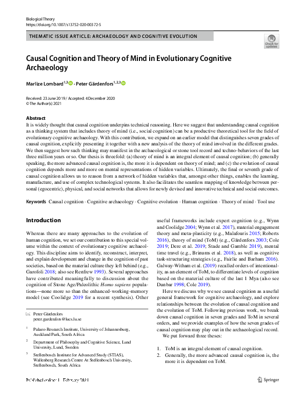 (PDF) Causal Cognition and Theory of Mind in Evolutionary Cognitive Archaeology | Peter ...