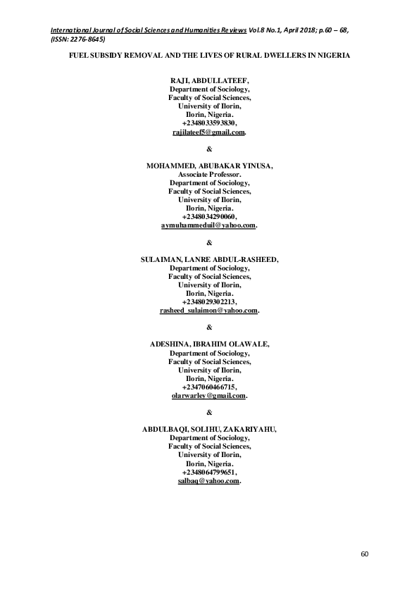 (PDF) FUEL SUBSIDY REMOVAL AND THE LIVES OF RURAL DWELLERS IN NIGERIA