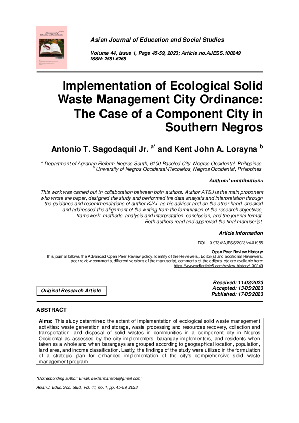 (PDF) Implementation of Ecological Solid Waste Management City Ordinance: The Case of a ...