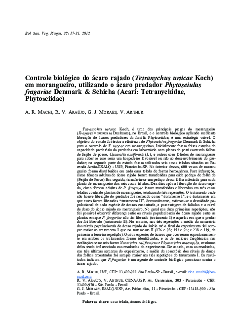 (PDF) Controle biológico do ácaro rajado (" Tetranychus urticae" Koch ...