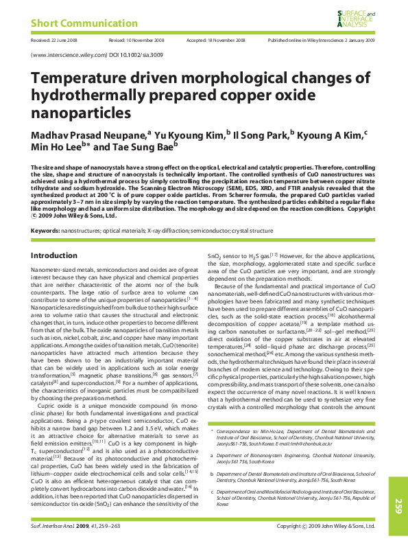 (PDF) Temperature driven morphological changes of hydrothermally prepared copper oxide nanoparticles