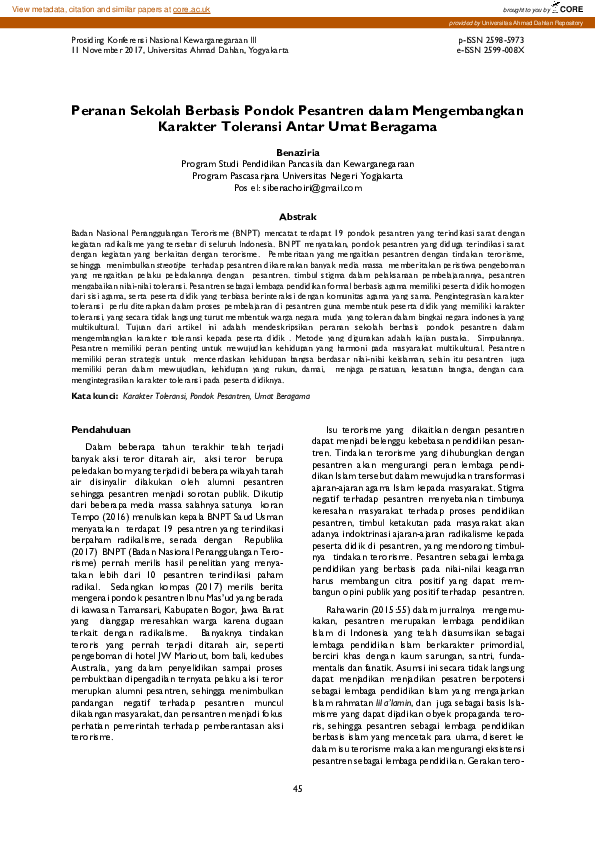 (PDF) Peranan Sekolah Berbasis Pondok Pesantren dalam Mengembangkan Karakter Toleransi Antar ...