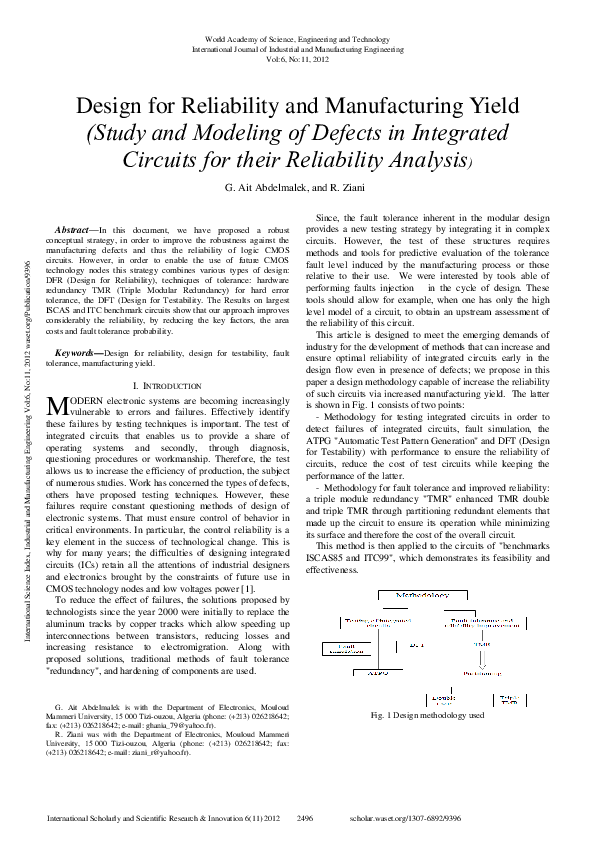 (PDF) Design for Reliability and Manufacturing Yield (Study and Modeling of Defects in ...