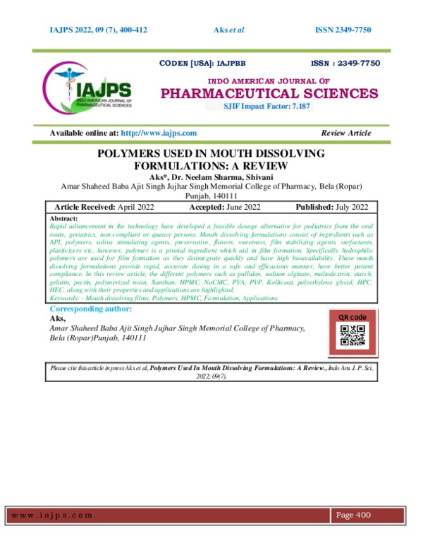 (PDF) Polymers Used in Mouth Dissolving Formulations: A Review