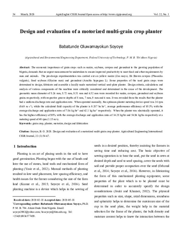 (PDF) Design and evaluation of a motorized multi-grain crop planter