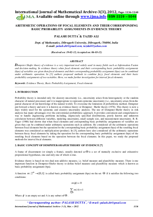 (PDF) Arithmetic Operations of Focal Elements and Their Corresponding Basic Probability ...