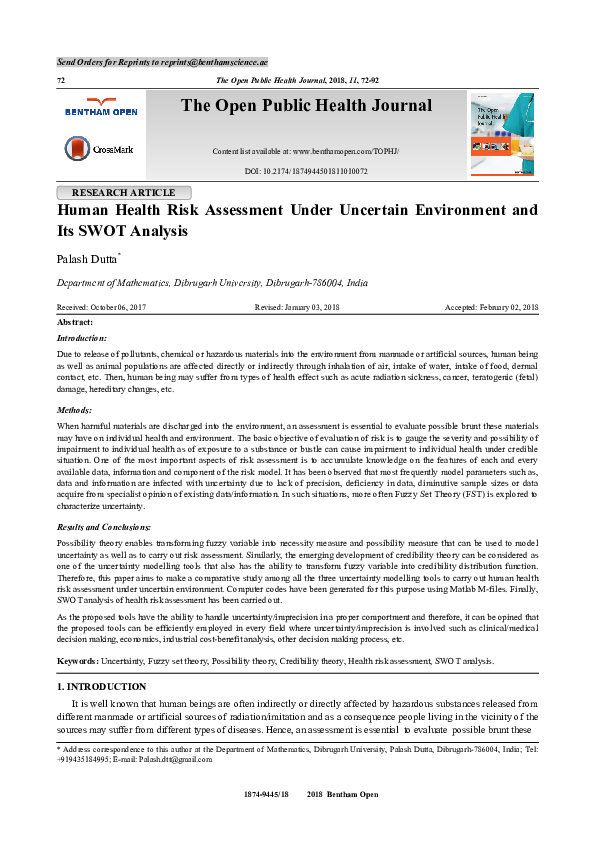 (PDF) Human Health Risk Assessment Under Uncertain Environment and Its ...