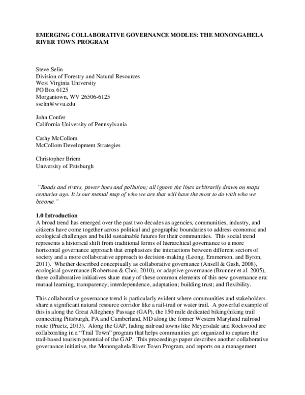 (PDF) Emerging Collaborative Governance Models: The Monongahela River Town Porgram | Steven ...