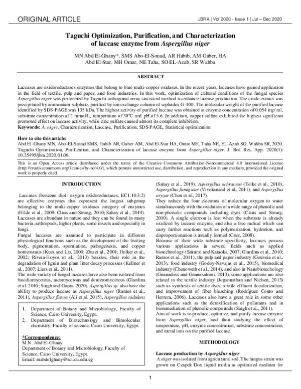 (PDF) Taguchi Optimization, Purification, and Characterization of ...