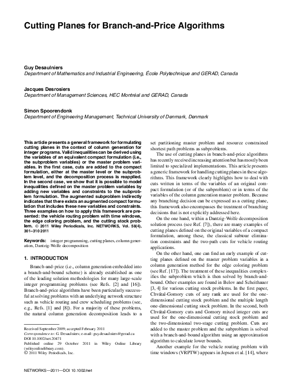 (PDF) Cutting planes for branch-and-price algorithms