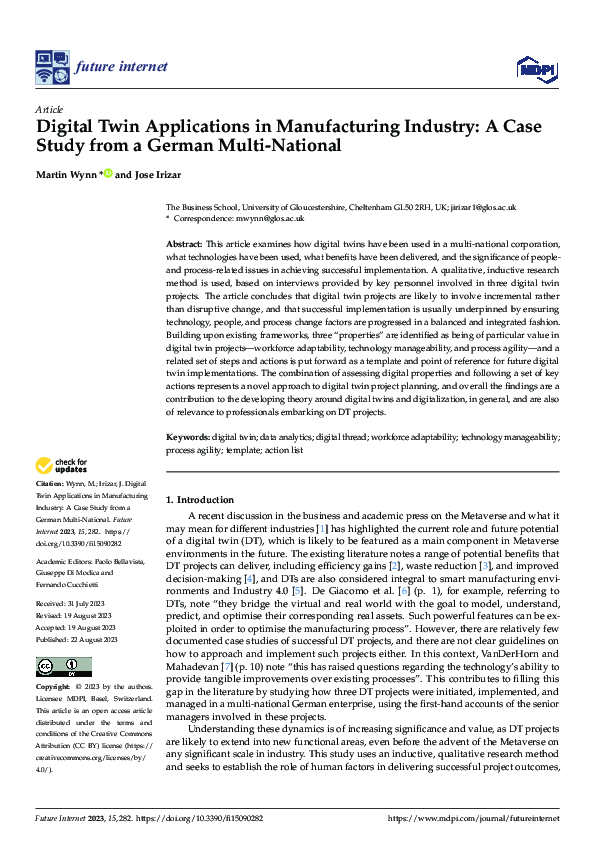 (PDF) Digital Twin Applications in Manufacturing Industry: A Case Study from a German Multi-National