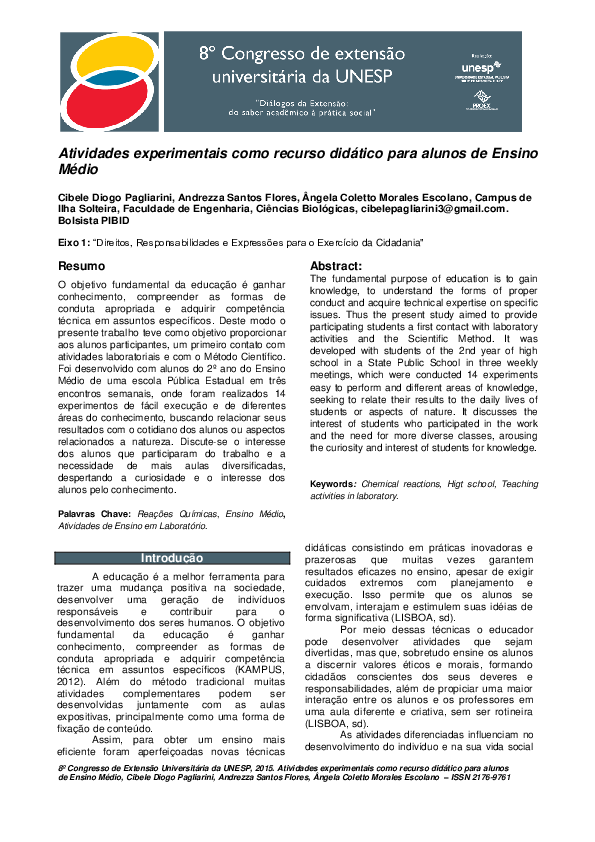 (PDF) Atividades experimentais como recurso didático para alunos de ...