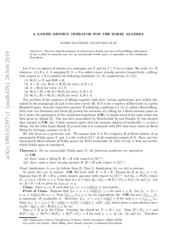 (PDF) A lower density operator for the Borel algebra | Marek Balcerzak - Academia.edu
