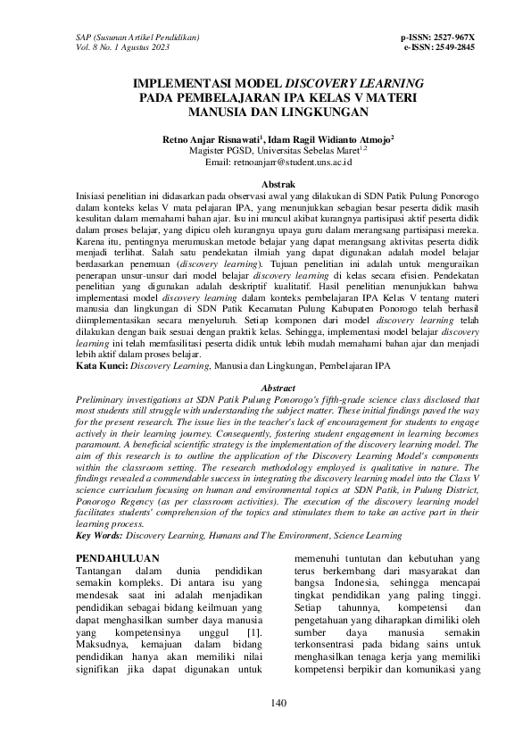 (PDF) Implementasi Model Discovery Learning pada Pembelajaran IPA Kelas V Materi Manusia dan ...