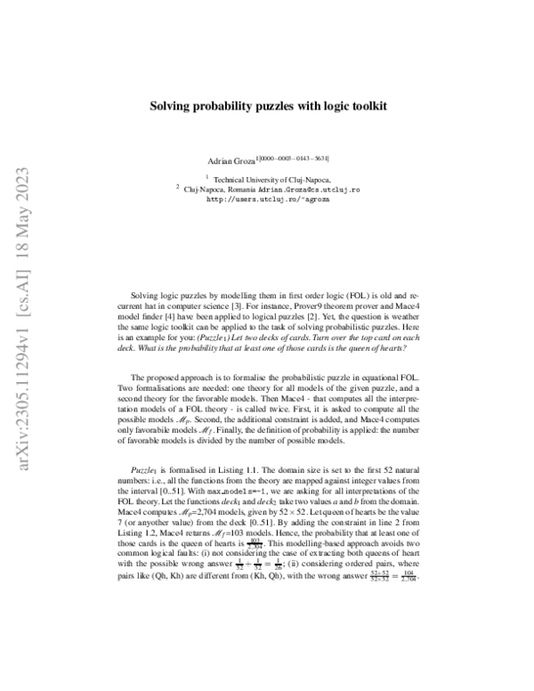 (PDF) Solving probability puzzles with logic toolkit