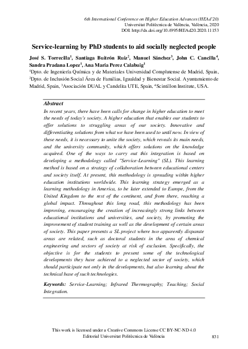 (PDF) Service-learning by PhD students to aid socially neglected people