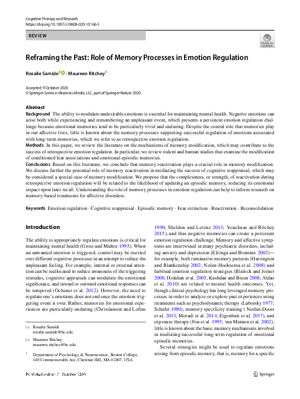 (PDF) Reframing the Past: Role of Memory Processes in Emotion Regulation