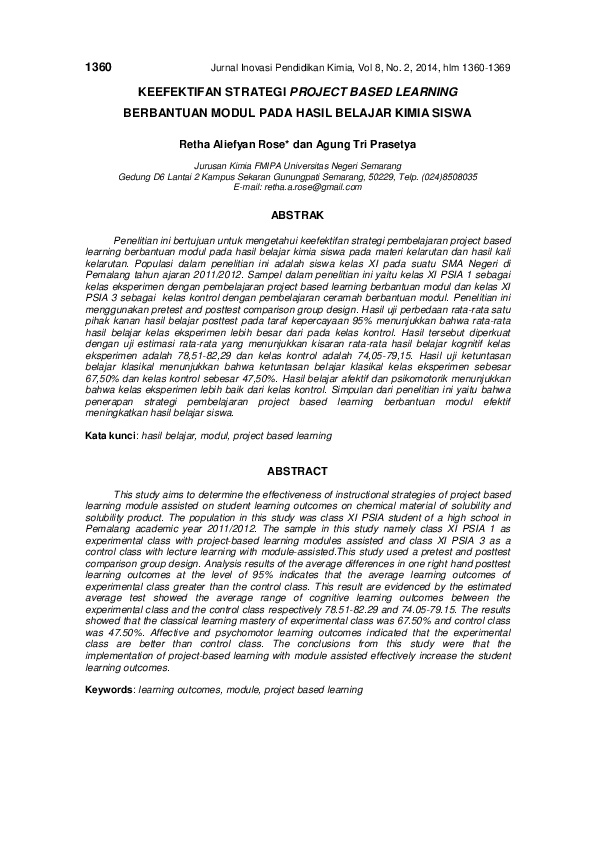 (PDF) Keefektifan Strategi Project Based Learning Berbantuan Modul Pada Hasil Belajar Kimia Siswa