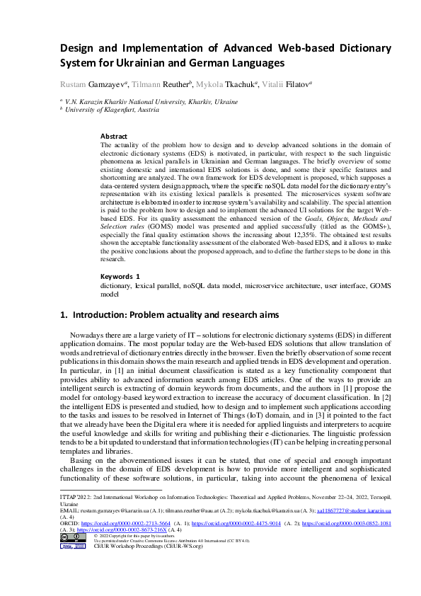 (PDF) Design and Implementation of Advanced Web-based Dictionary System for Ukrainian and German ...