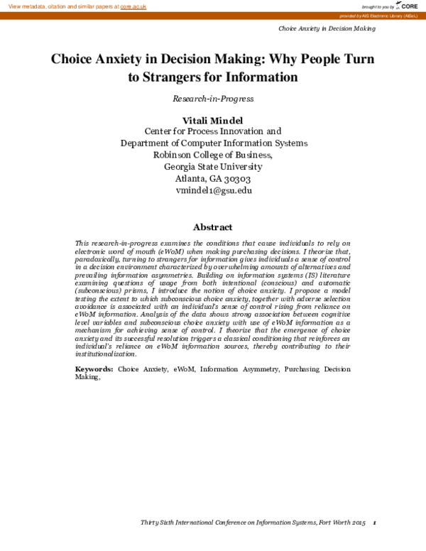 (PDF) Choice Anxiety in Decision Making: Why People Turn to Strangers ...