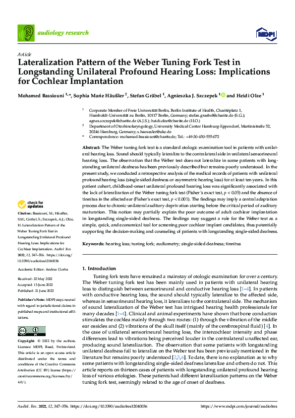 (PDF) Lateralization Pattern of the Weber Tuning Fork Test in ...