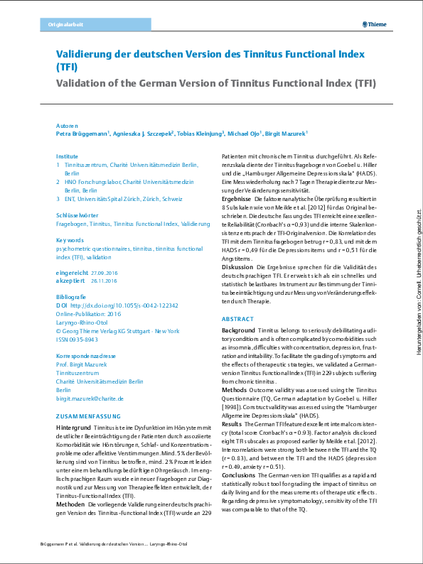 (PDF) Validierung der deutschen Version des Tinnitus Functional Index (TFI)