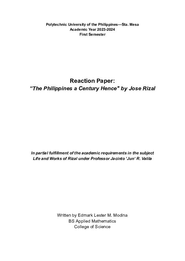 Reaction Paper: "The Philippines a Century Hence" by Jose P. Rizal
