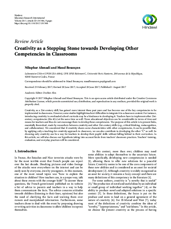 (PDF) Creativity as a Stepping Stone towards Developing Other Competencies in Classrooms