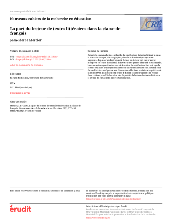 (PDF) La part du lecteur de textes littéraires dans la classe de français