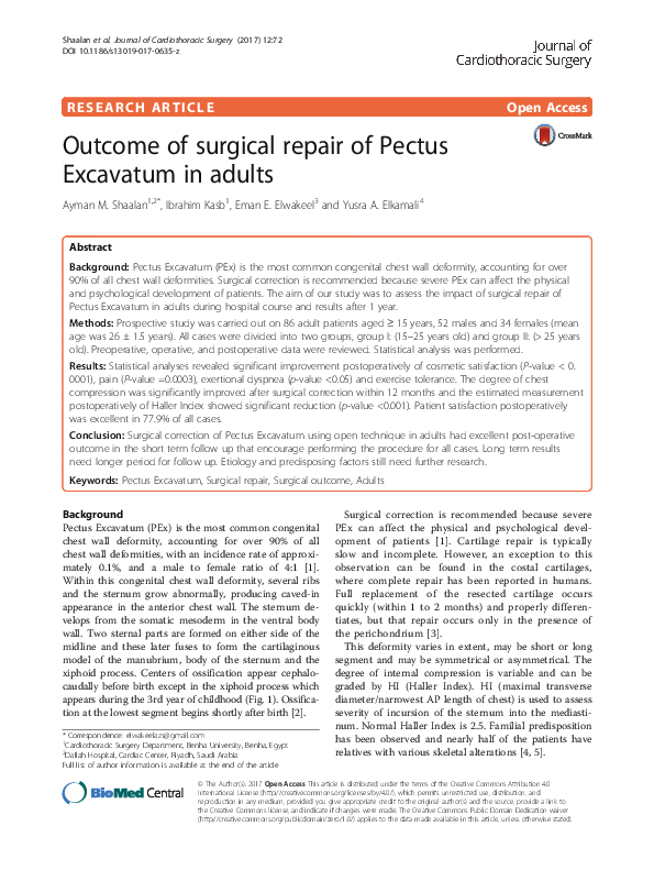 (PDF) Outcome of surgical repair of Pectus Excavatum in adults