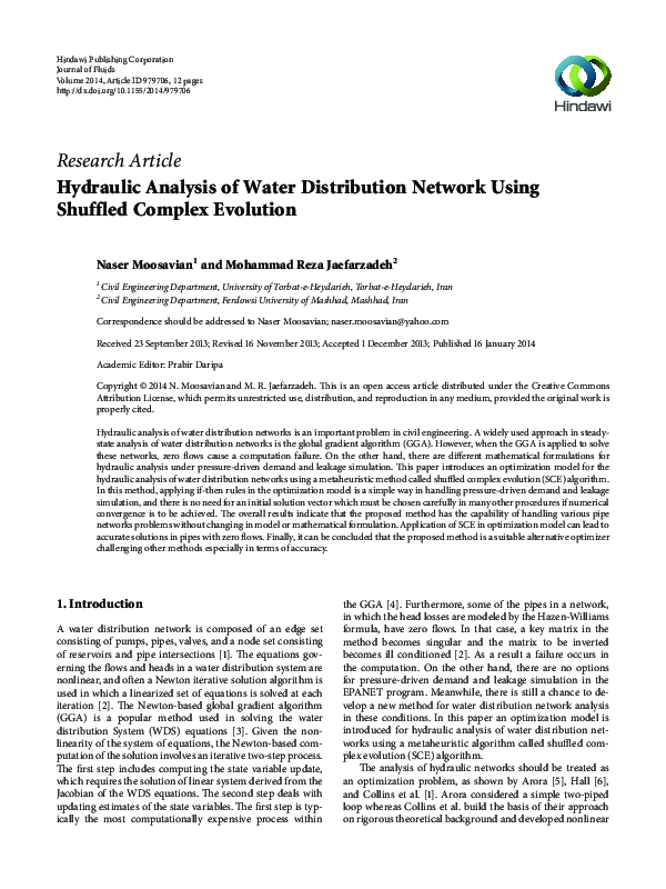 (PDF) Hydraulic Analysis of Water Distribution Network Using Shuffled Complex Evolution