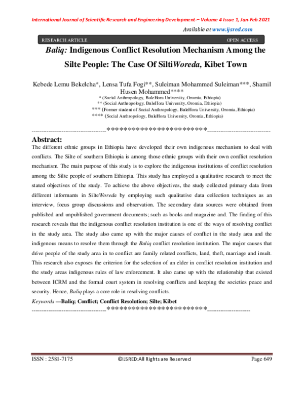 (PDF) Baliq: Indigenous Conflict Resolution Mechanism Among Silte ...