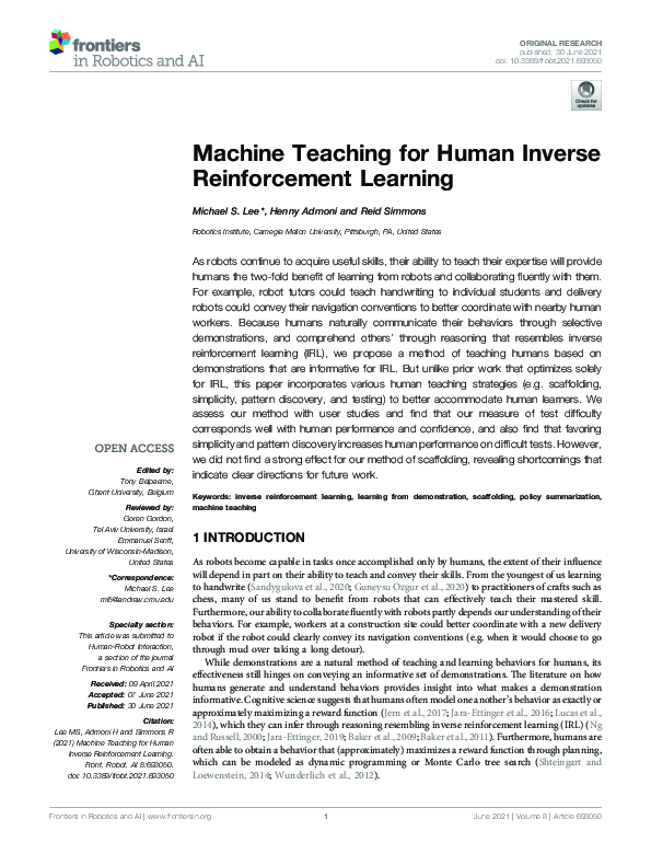 (PDF) Machine Teaching for Human Inverse Reinforcement Learning