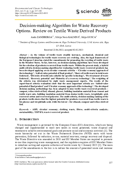 (PDF) Decision-making Algorithm for Waste Recovery Options. Review on Textile Waste Derived ...