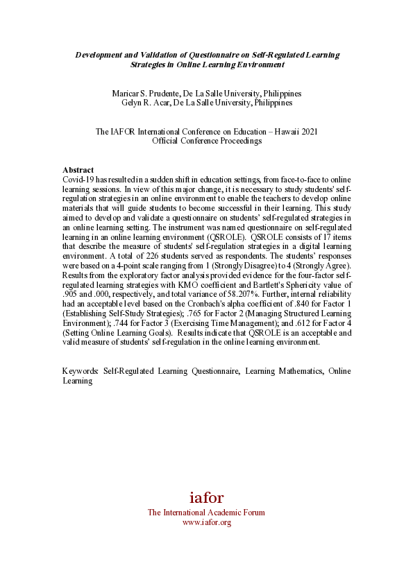 Pdf Development And Validation Of Questionnaire On Self Regulated Learning Strategies In