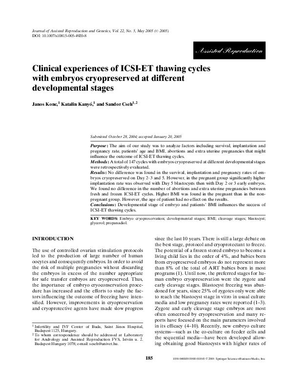 (PDF) Clinical experiences of ICSI-ET thawing cycles with embryos ...