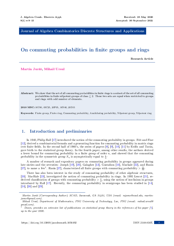 (PDF) On commuting probabilities in finite groups and rings