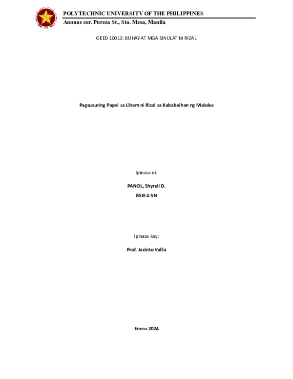 (PDF) Pagsusuring Papel sa Liham ni Rizal sa Kababaihan ng Malolos