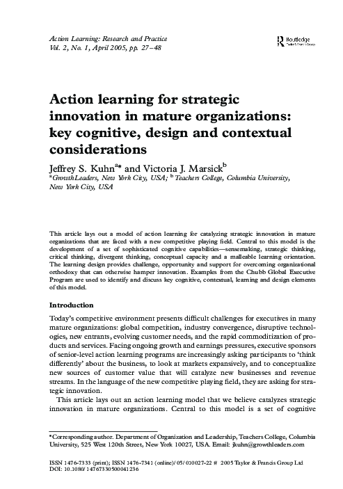 (PDF) Action learning for strategic innovation in mature organizations: key cognitive, design ...
