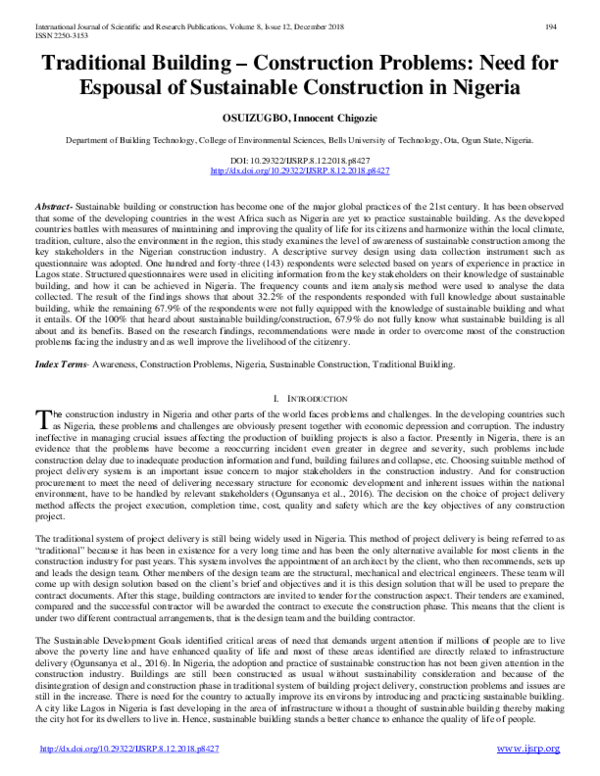 (PDF) Traditional Building – Construction Problems: Need for Espousal ...