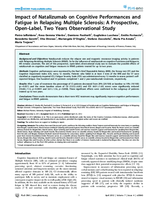 (PDF) Impact of Natalizumab on Cognitive Performances and Fatigue in ...