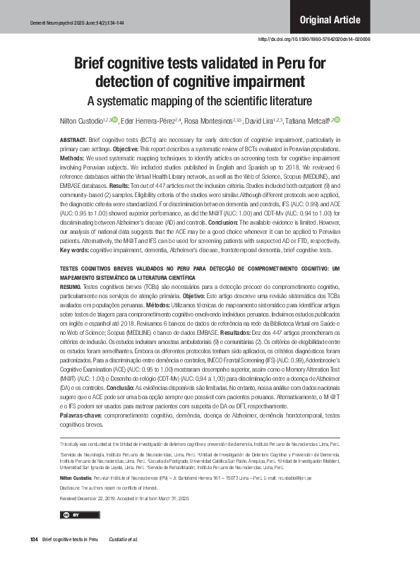 (PDF) Brief cognitive tests validated in Peru for detection of ...