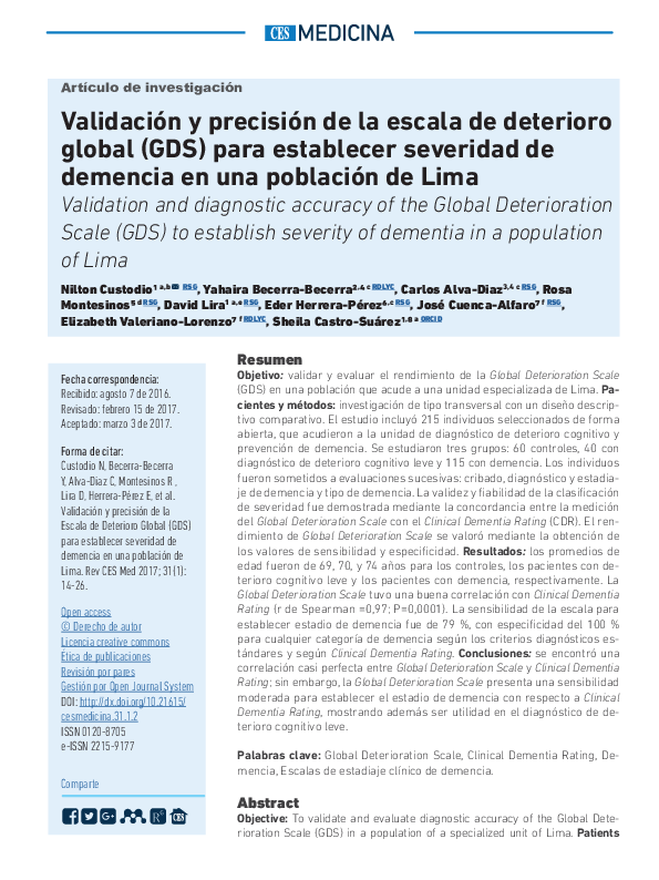 (PDF) Validación y precisión de la escala de deterioro global (GDS) para establecer severidad de ...