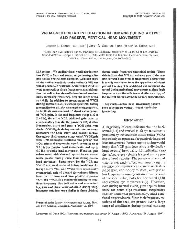 (PDF) Visual-Vestibular Interaction in Humans During Active and Passive ...