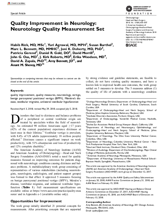 (PDF) Quality Improvement in Neurology: Neurotology Quality Measurement Set
