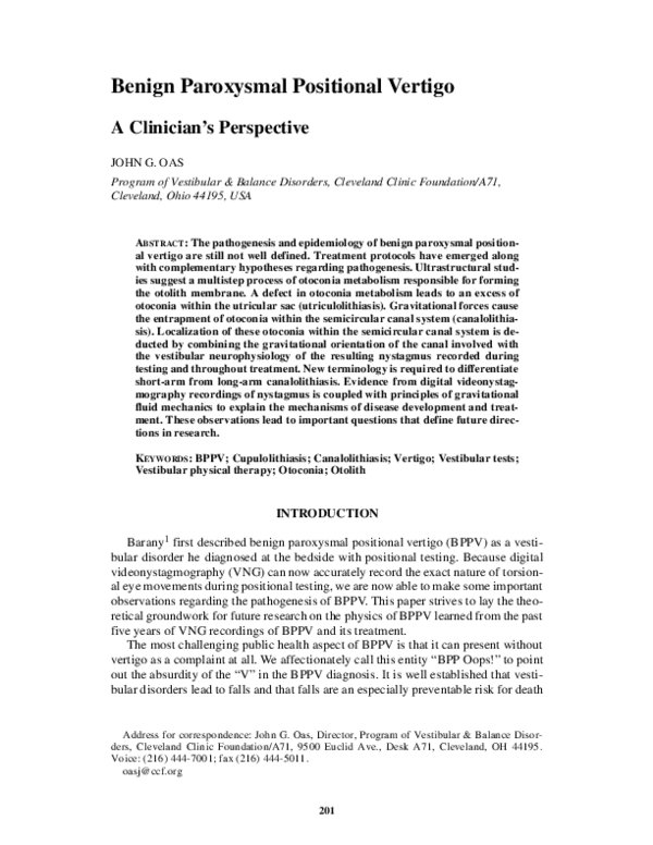 (PDF) Benign paroxysmal positional vertigo: a clinician's perspective.