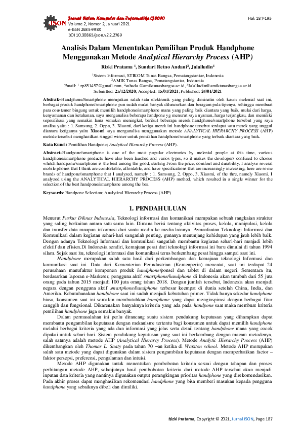 (PDF) Analisis Dalam Menentukan Pemilihan Produk Handphone Menggunakan Metode Analytical ...