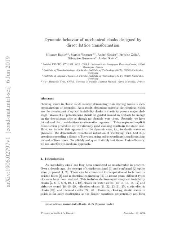 (PDF) Dynamic behavior of mechanical cloaks designed by direct lattice ...